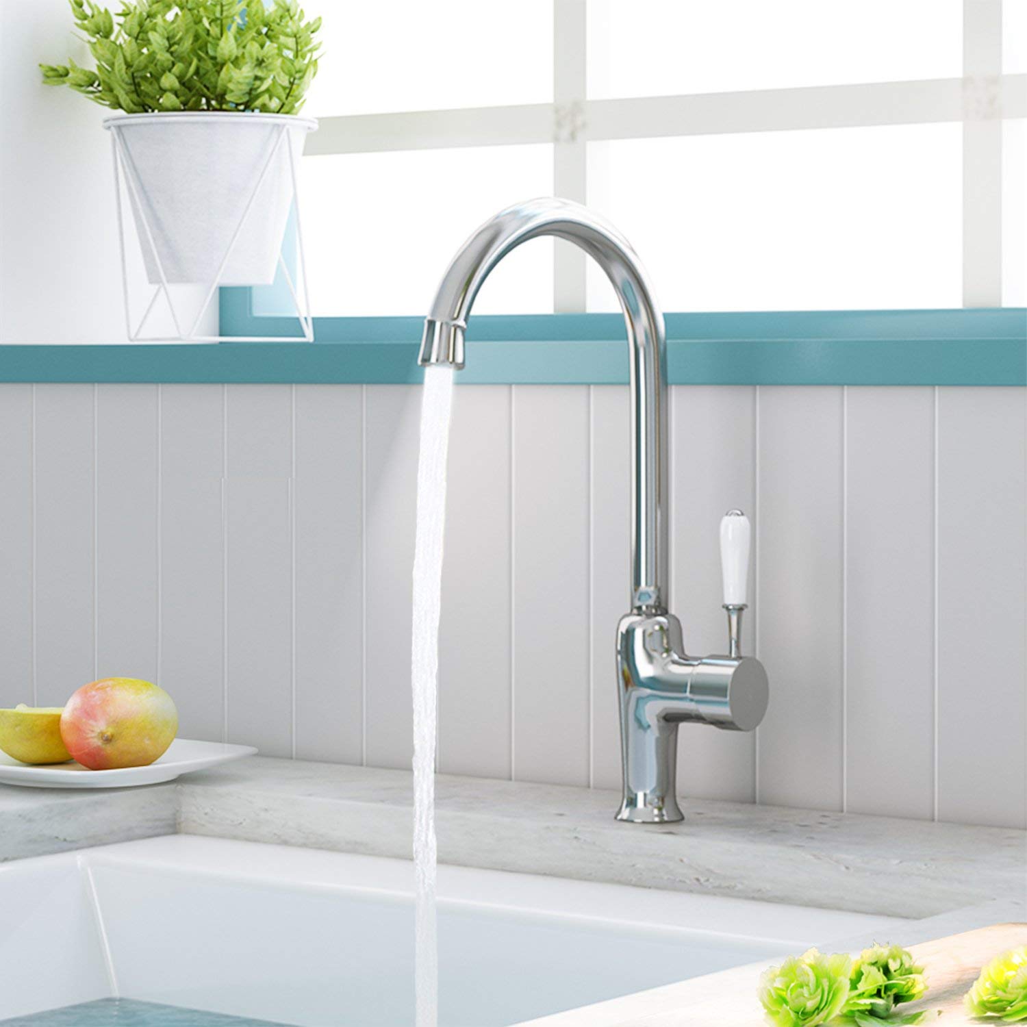 Hapilife Kitchen Sink Mixer Taps Monobloc White Ceramic Mono Chrome